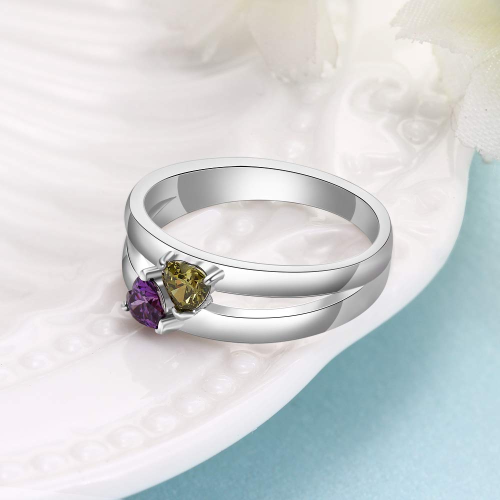 Ashleymade Heart Promise Rings for Her Personalized 2 Names 2 Simulated Birthstone Mother Daughter Rings Engagement Rings for Women (Silver, 9)