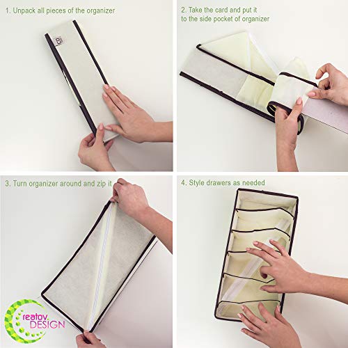 Underwear Sock Drawer Closet Organizer – Set of 4 Collapsible Beige Fabric Foldable Storage Boxes Draw Organizers Divider for Panties Bra Socks Tie Belt Lingerie Clothing Fits Under Bed Drawer Closet