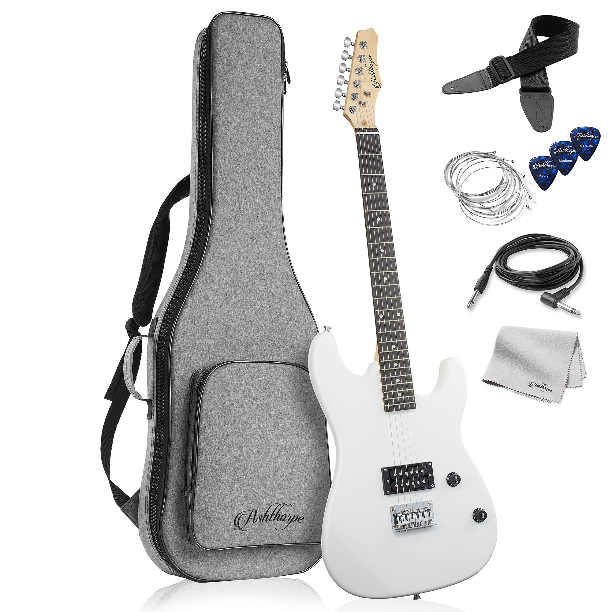 Ashthorpe 39-Inch Full-Size Electric Guitar with Humbucker Pickup (White), Guitar Kit with Padded Gig Bag, Strap, Strings, Cable, Cloth, Picks