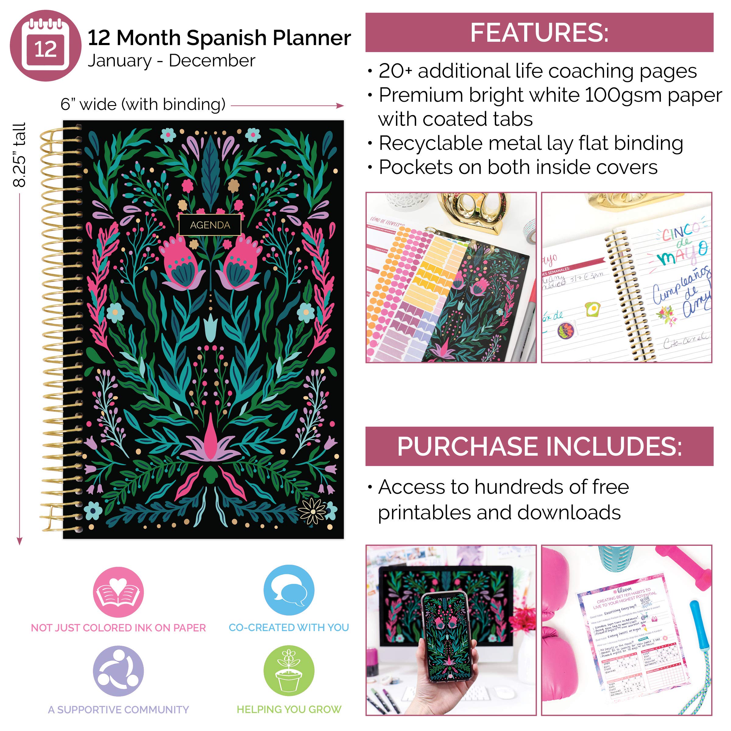 bloom daily planners UNDATED Spanish Calendar Year Day Planner - Passion/Goal Organizer - Monthly/Weekly Agenda Book with Tabs (January to December) - 6" x 8.25" - Folky Floral