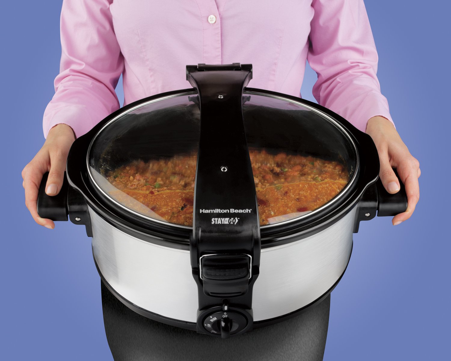 Hamilton Beach Stay or Go Portable 7-Quart Slow Cooker with Lid Lock for Easy Transport, Dishwasher-Safe Crock, Silver (33472)