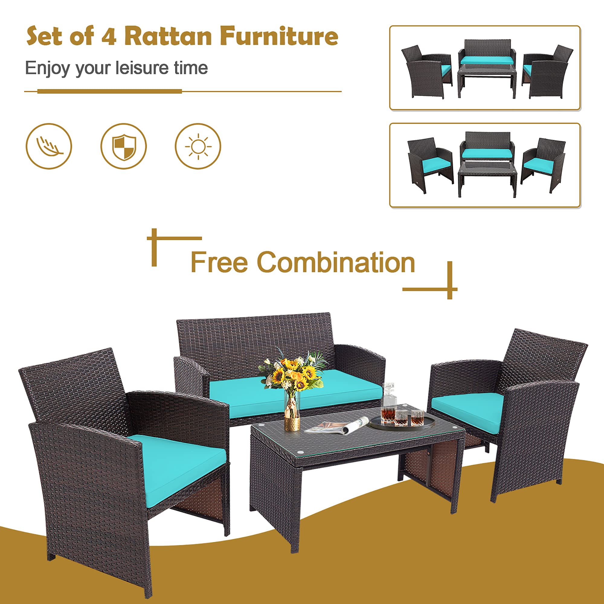 DORTALA 4 Pieces Wicker Patio Furniture Set, Outdoor PE Rattan Conversation Set with Chairs, Loveseat, Coffee Table, Cushions for Poolside, Turquoise