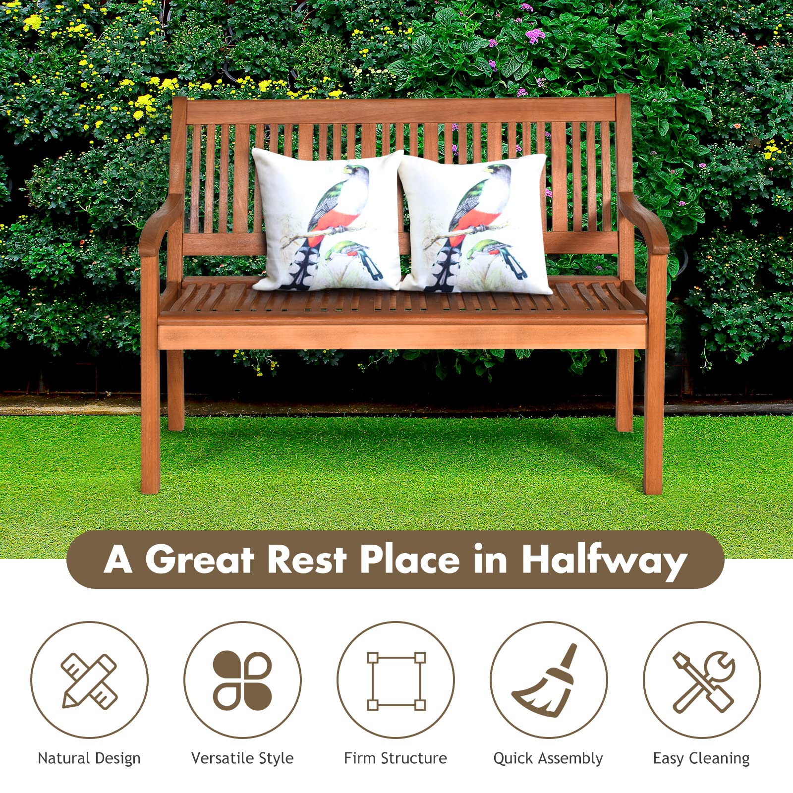 DORTALA 50'' Patio Wooden Bench, Eucalyptus Wood Loveseat with Ergonomic Backrest, Curved Armrests, Sloping Seat, Garden Slatted Bench, Ideal for Patio, Porch, Yard, Lawn, 705 lbs Weight Capacity