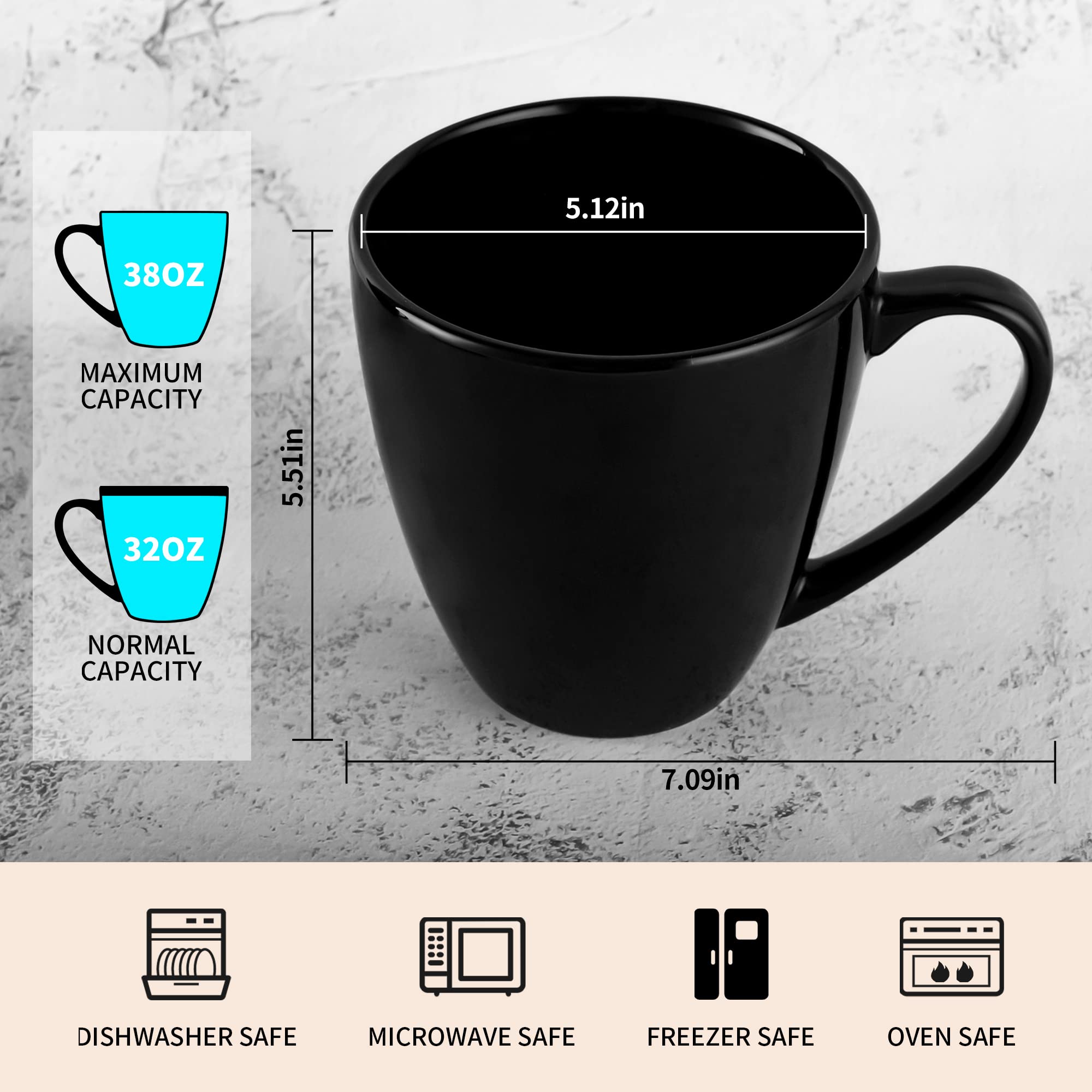 CAILIDE 39oz Large Coffee Mug Ceramic Tea Cup for Office and Home Big Capacity with Handle also for Soup, Cereal and Salad(black
