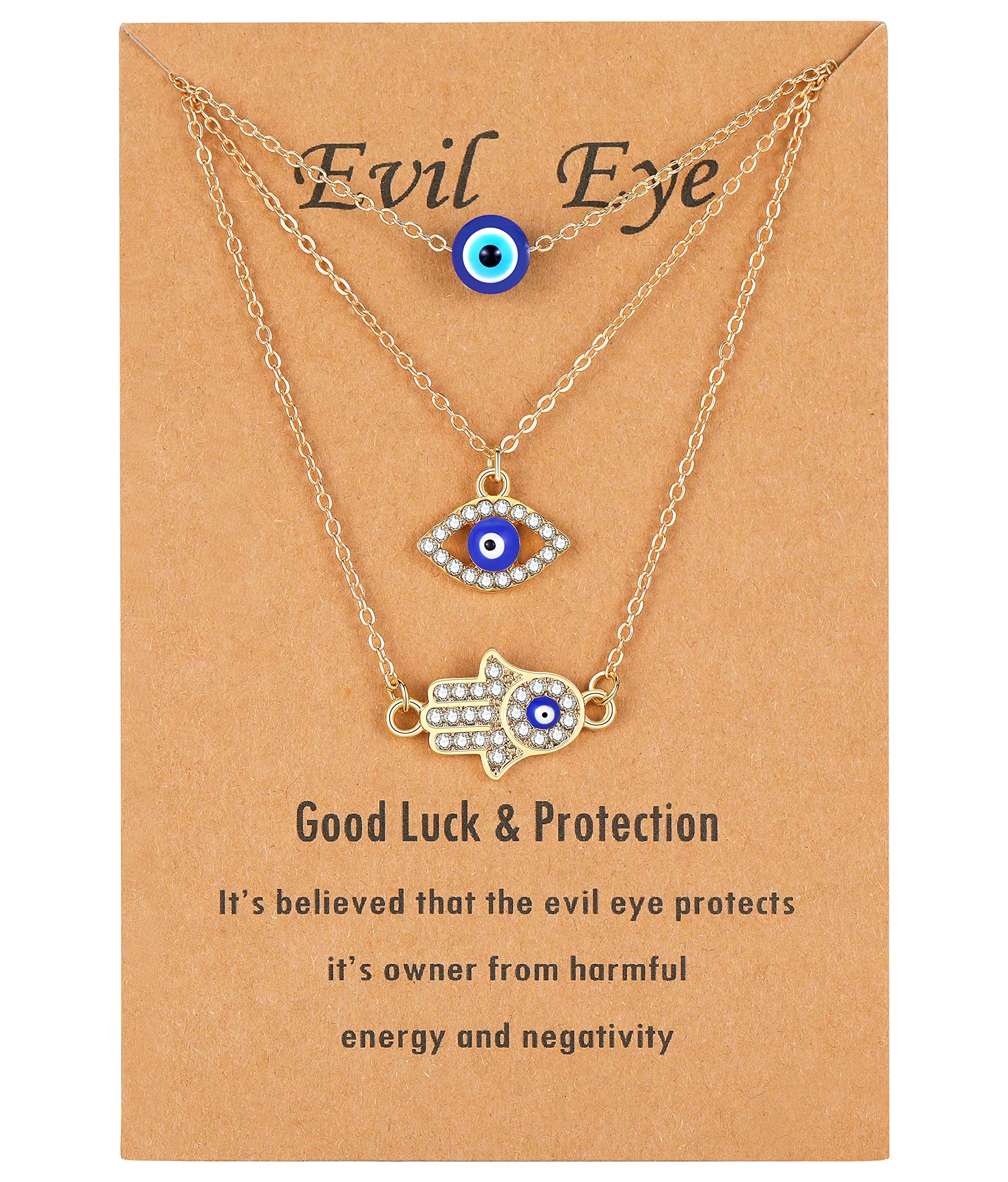 Baydurcan Gold Dainty Evil Eye Necklace and Hamsa Necklace Turkish Blue Eye Hand Pendant Necklace 3pcs Lucky Protection Jewelry Gift for Women Teenagers