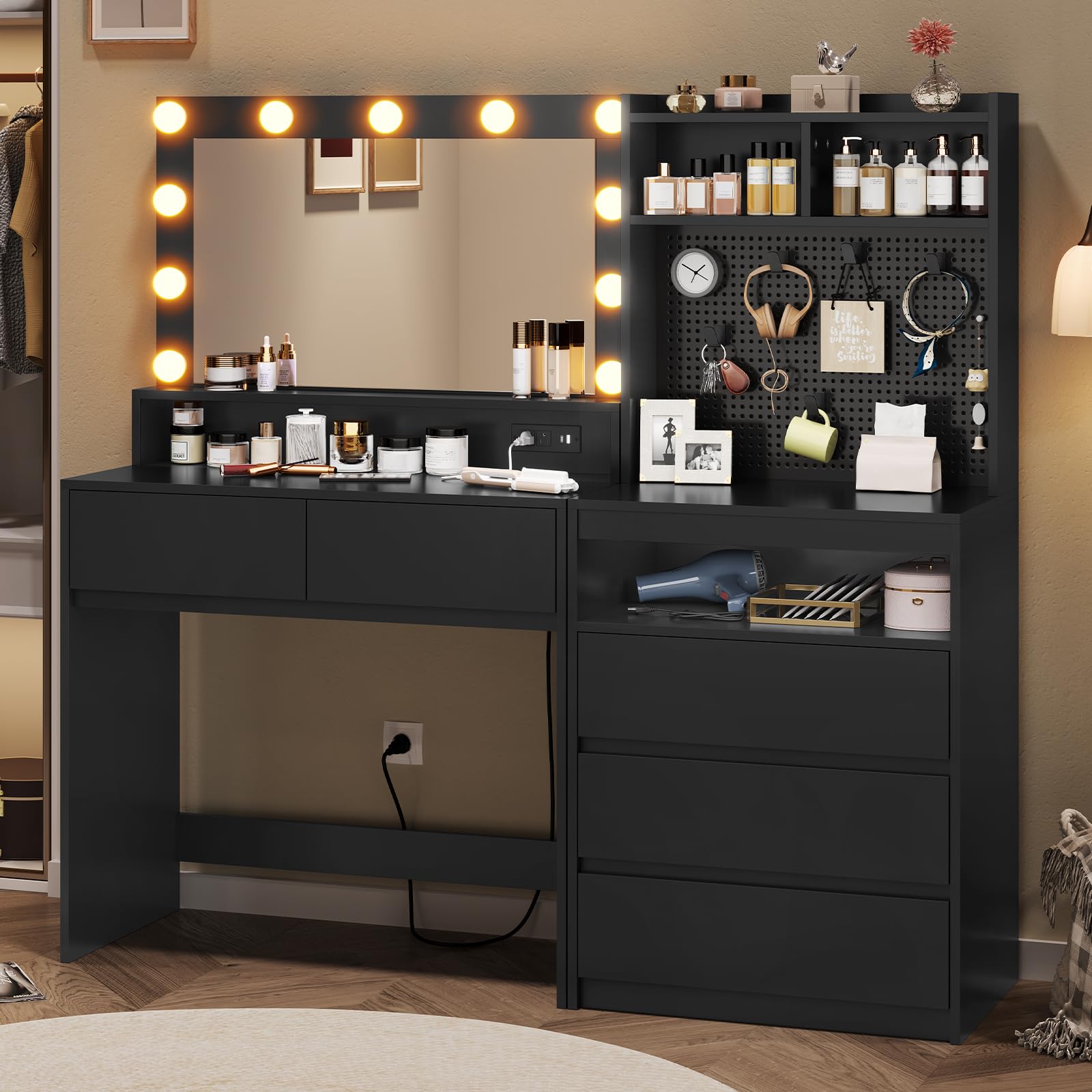 BTHFST Large Vanity Desk with Mirror and Lights & Charging Station, Makeup Vanity with Hollywood Mirror & DIY Pegboard, 5 Hooks, Makeup Desk with 5 Large Drawers & Shelves, White