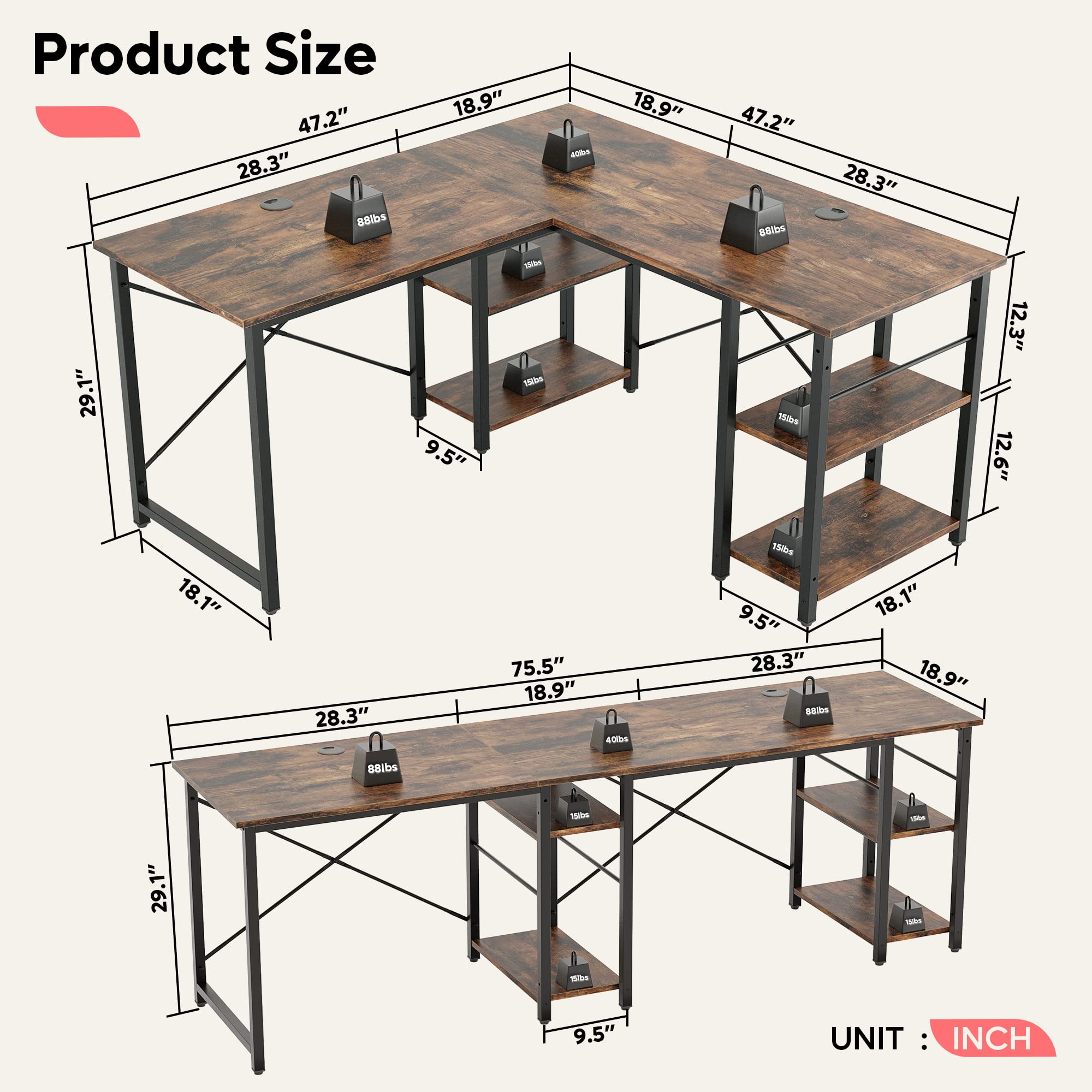 Bestier L Shaped Gaming Desk, 47” Reversible Corner Computer Desk, PC Gamer Desk with Adjustable Shelves for Home Office, 2 Person Long Gaming Table for Bedroom, Carbon Fiber Surface, Black