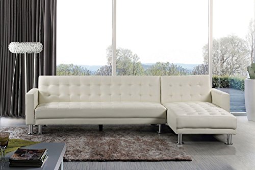 Velago ATTALENS White Modern Convertible Sectional Sofa | Leather Sleeper Queen Size | Reversible Chaise Lounge | Contemporary Living Room Furniture, 116"