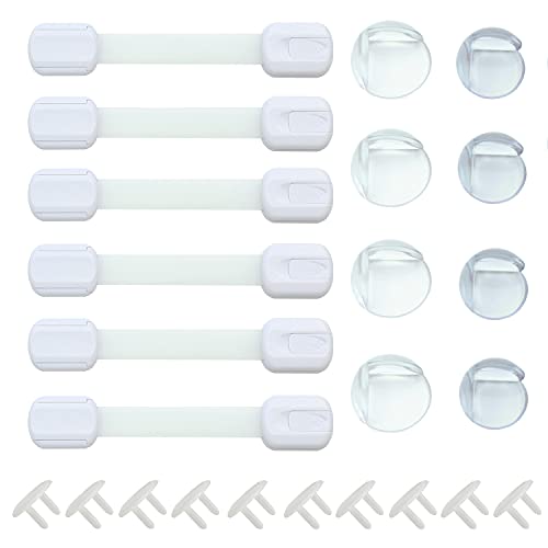 Baby Cabinet Locks Set, GIDIBII 6 Child Safety Locks + 10 Outlet Plug Covers + 8 Corner Guards, No Tools or Drilling for Drawers, Toilet, Fridge 24 Pcs Safety Kit