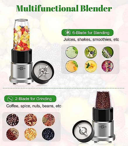 Personal Blender for Shakes and Smoothies, 6 Blades Bullet Blenders for Kitchen 850W, 17 Pieces Smoothie Blender with Grinder, 2 * 20oz To-Go Cups, Countertop Blender for Fruits, Protein Drinks, Ices