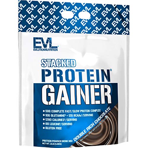 Evlution Nutrition Stacked Protein Gainer, Whey Protein Powder Complex, 50 Grams Protein, 250 Grams Carbohydrates, Build Muscle, Recovery, Post Workout, Gluten-Free (Double Rich Chocolate, 12 LB)