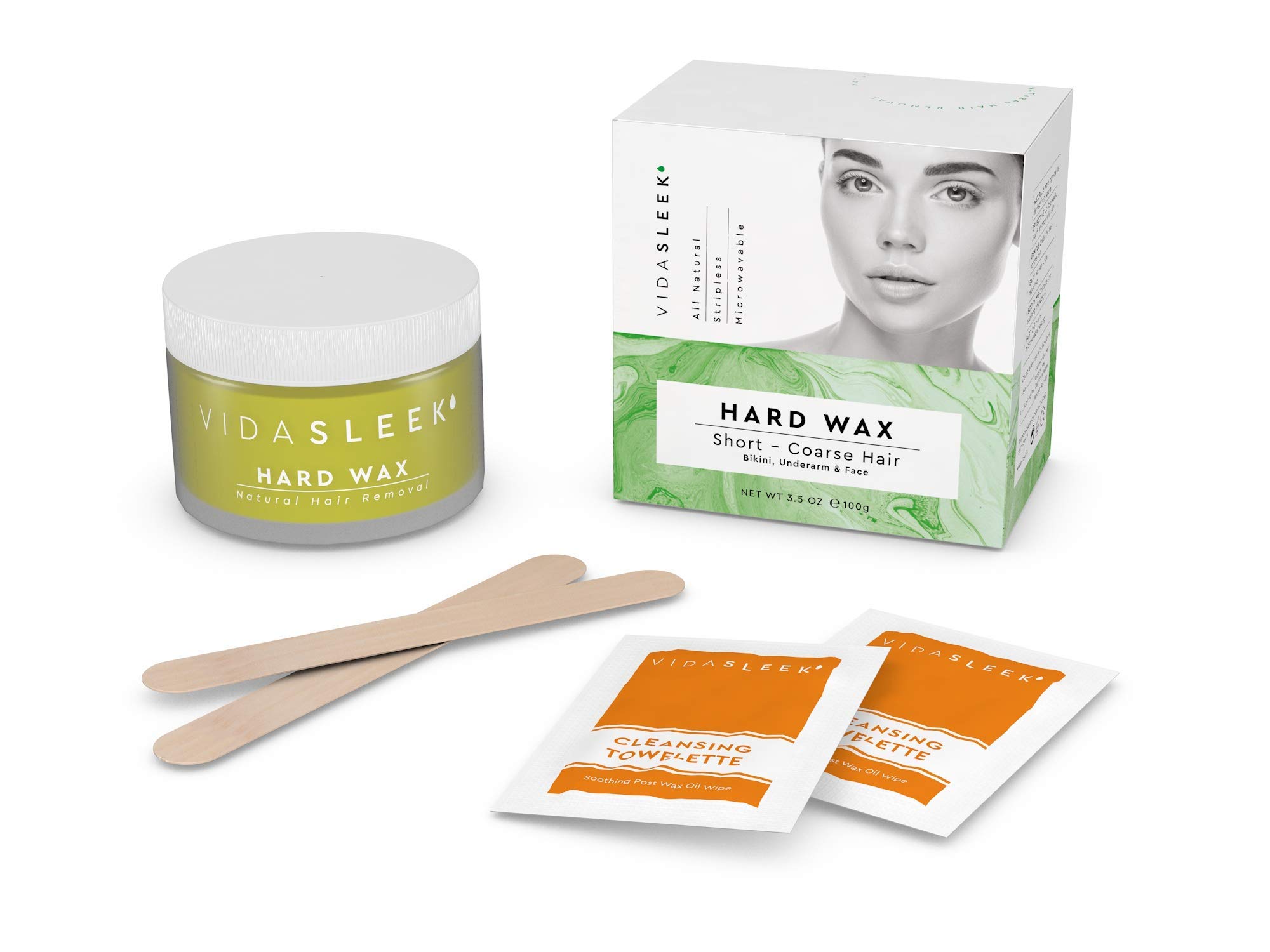 VidaSleek Hard Wax Kit: Wax Kit for Coarse Hair - At Home Waxing Kit With Hard Wax for Face, Underarms, Bikini - Microwavable, Stripless, All Natural, Plant-based Chlorophyll