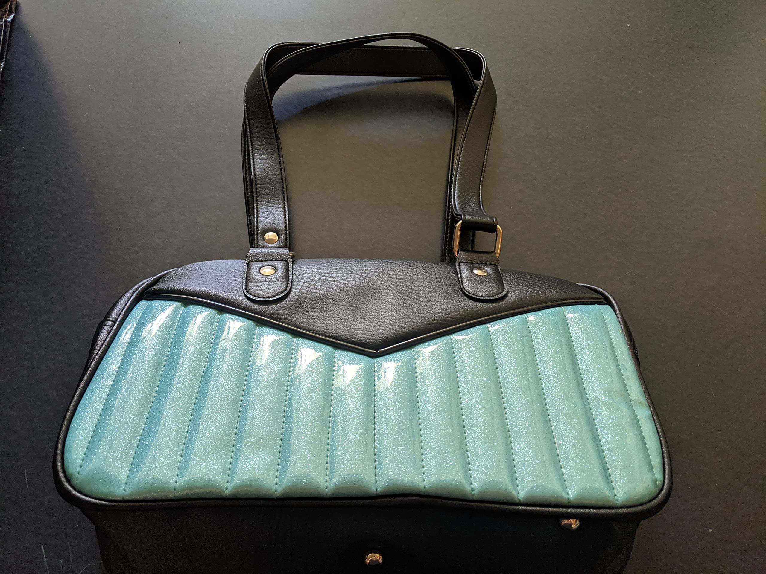 Liquorbrand Bonneville Bowler Purse with Chevron Logo (Black and Mint Sparkle)
