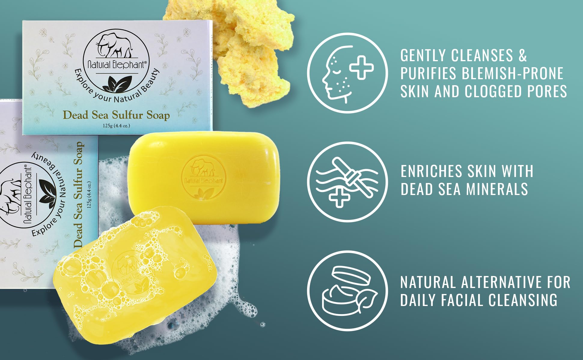 Natural Elephant Dead Sea Sulfur Soap 4.4 oz with Dead Sea Salt, Aloe Vera, Sulphur Face and Body Cleanser Bar for All Skin Types (3 Pack (13.2 oz Total))