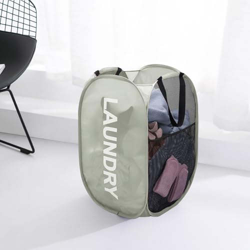 Buenod Mesh Laundry Hampers, Collapsible Laundry Baskets Pop Up Storage Bin, 2 Pack Clothes Hampers with Side Pocket for Home, College Dorm, Apartment (Black + Gray)