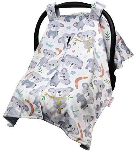 Baby Car Seat Canopy Cover - Baby Koala Bears & Butterflies with Light Blue Minky Dot
