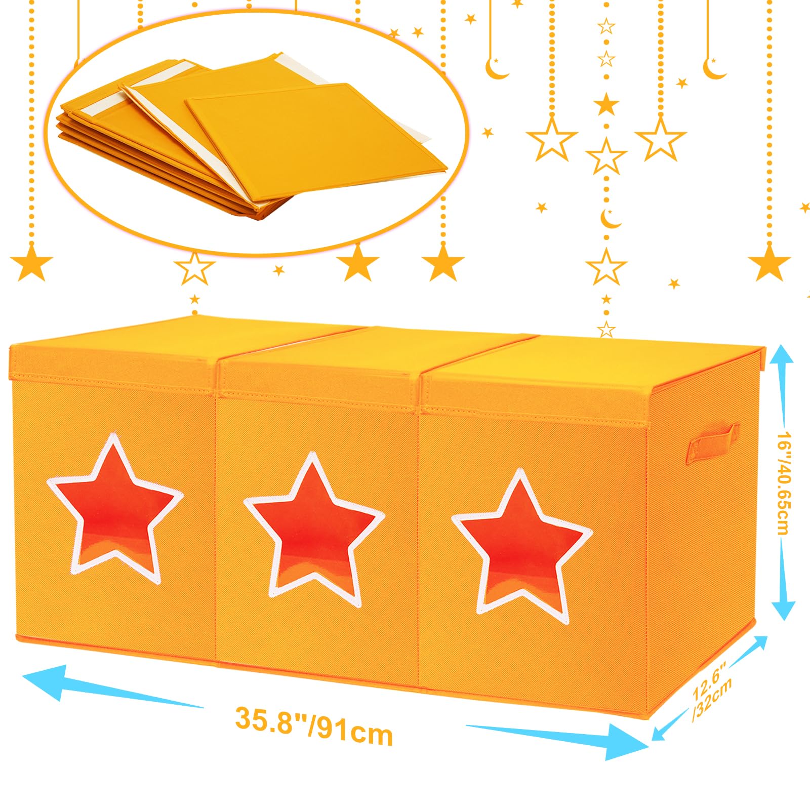 Extra Large Toy Box Chest, Toy Storage Organizer Bins with Transparent Windows, Foldable Storage Box for Kids,Boys,Girls,Toddler,Nursery Room,Playroom(Orange Srar)