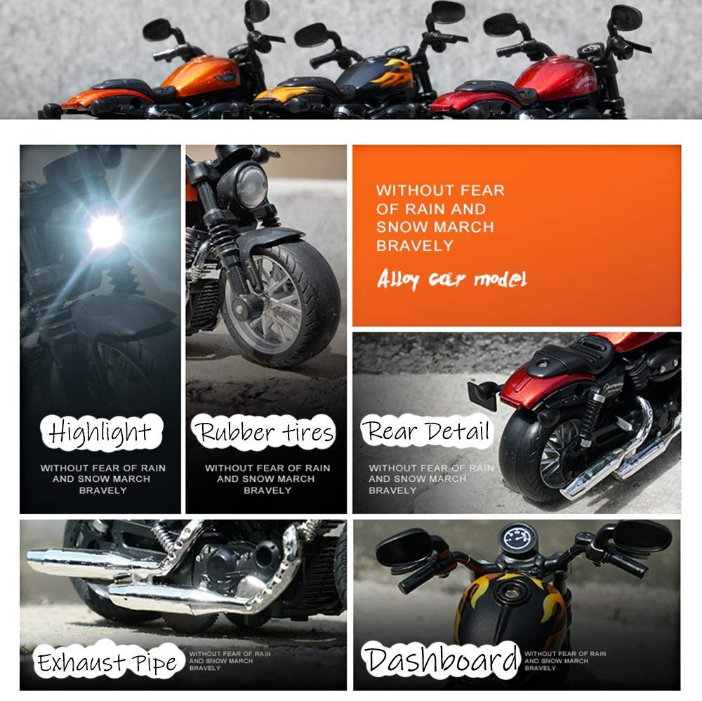 Gilumza Pull Back Motorcycle Toys, Tiny Gift with Music Lighting, Retro Motorcycles Toy for Boys Kids Age 3-12 Year Old (Orange)