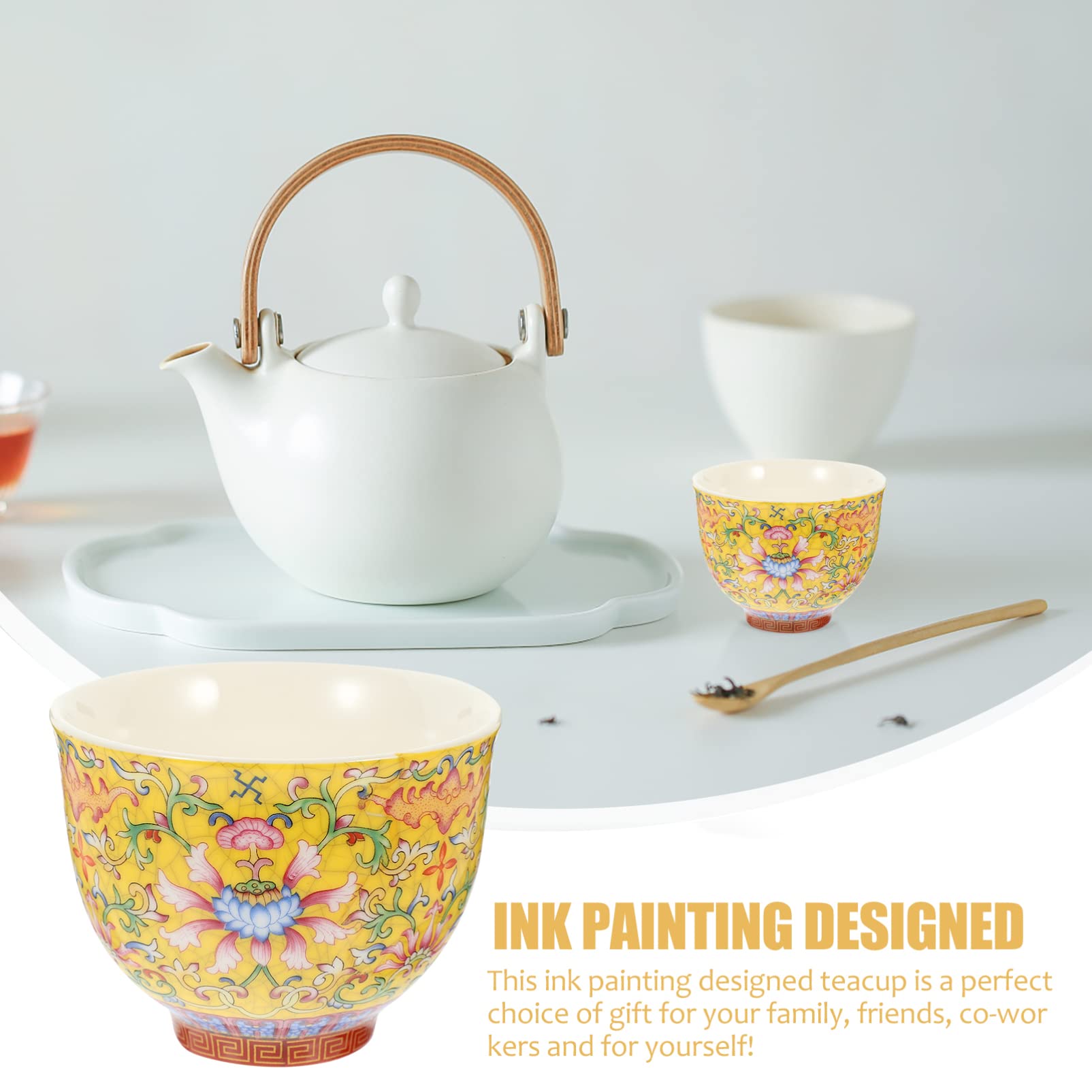 Beavorty Chinese Handmade Kungfu Tea Cup 130ml Floral Pattern Ceramic Tea Mugs Porcelain Tea Cup Tea Bowl Japanese Tea Cup Sake Cup Tea Accessories Drinkware (Yellow)