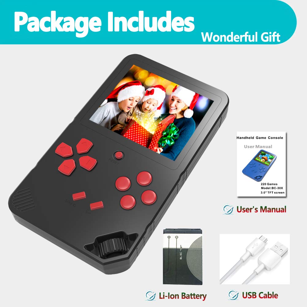 Douddy 16 Bit Handheld Game Console for Kids Adults Built in 220 HD Classic Electronic Games 3.0 Inches Screen USB Rechargeable Seniors Arcade Entertain Player (Black)