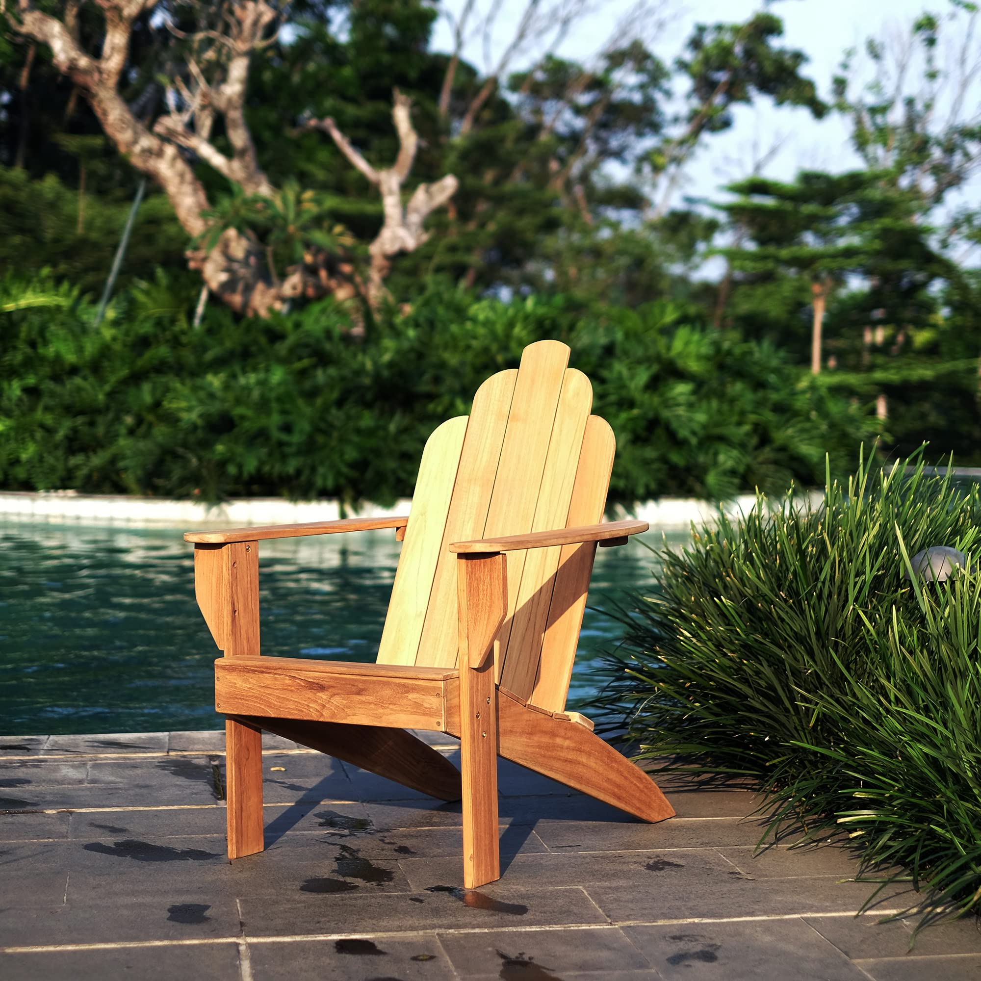 Cambridge Casual Lakeside Teak Wood Patio Adirondack Fire Pit Lounge Chair, Natural Teak, Set of 2