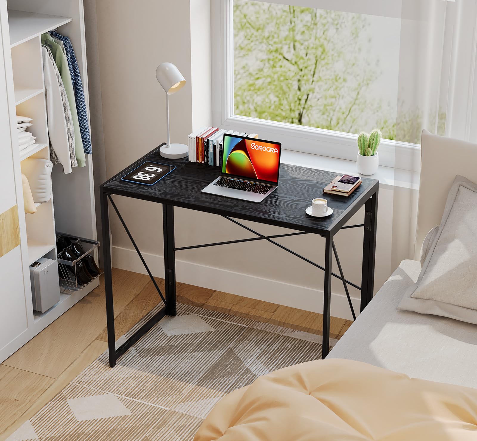 Coavas Small Folding Desk, No Assembly Required Computer Desks, 31.5 inch Spaces Saving Foldable Table for Bedroom, Home Office, Dorm, Apartment, Black Wood