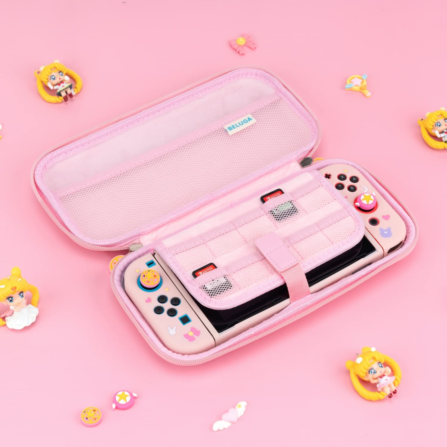 BelugaDesign Anime Moon Bundle | Pink Pastel Carry Case Shell Cover Thumb Grips | Cute Kawaii Magical Girl Japanese Travel Protective Set | Compatible with Nintendo Switch OLED