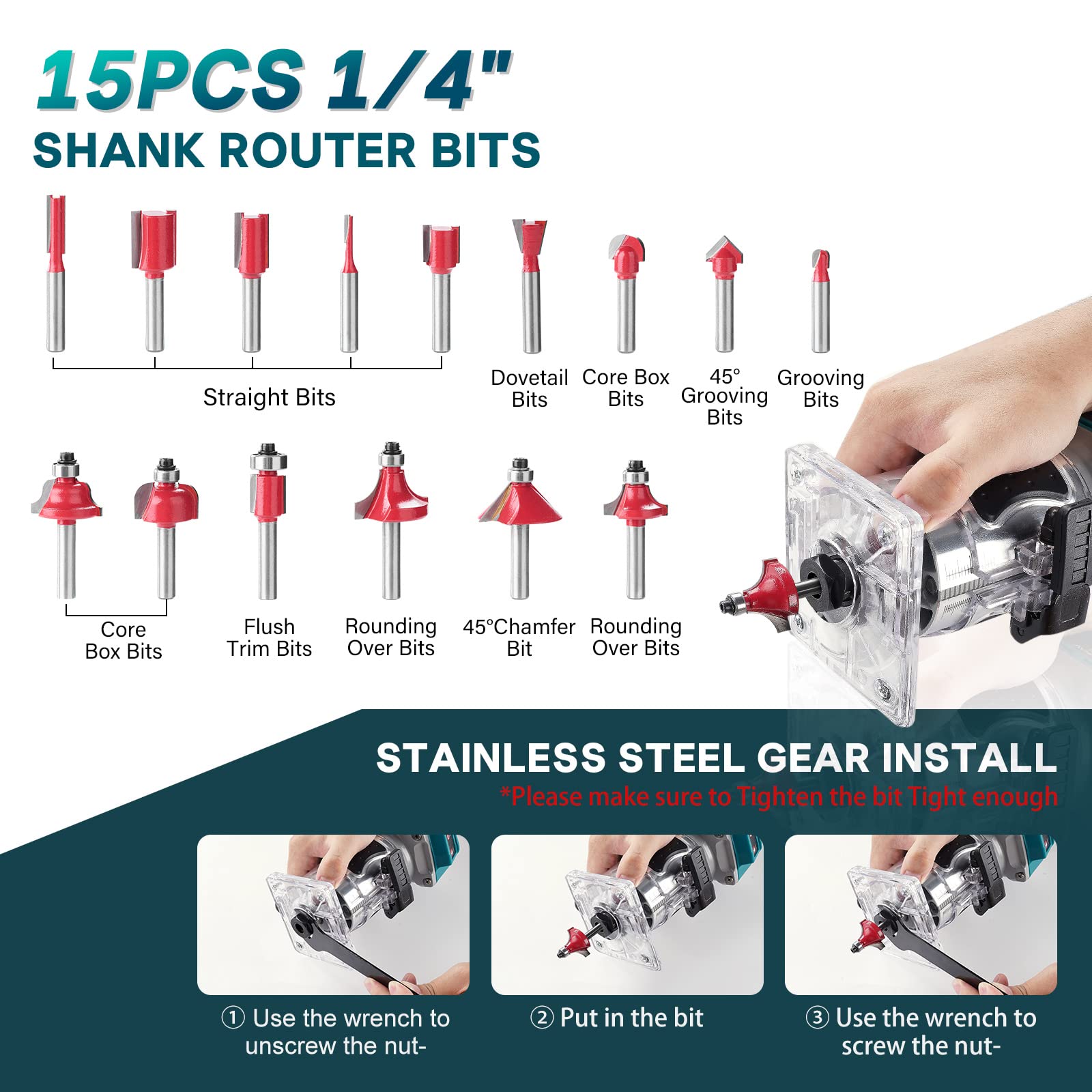 Avhrit Cordless Compact Router, Wood Router Tool With 2PCS 4.0Ah Batteries, 21V Brushless Portable Handheld Palm Routers for Woodworking, Wood Trimmer Cutting with 15 pieces 1/4" Router Bits Set