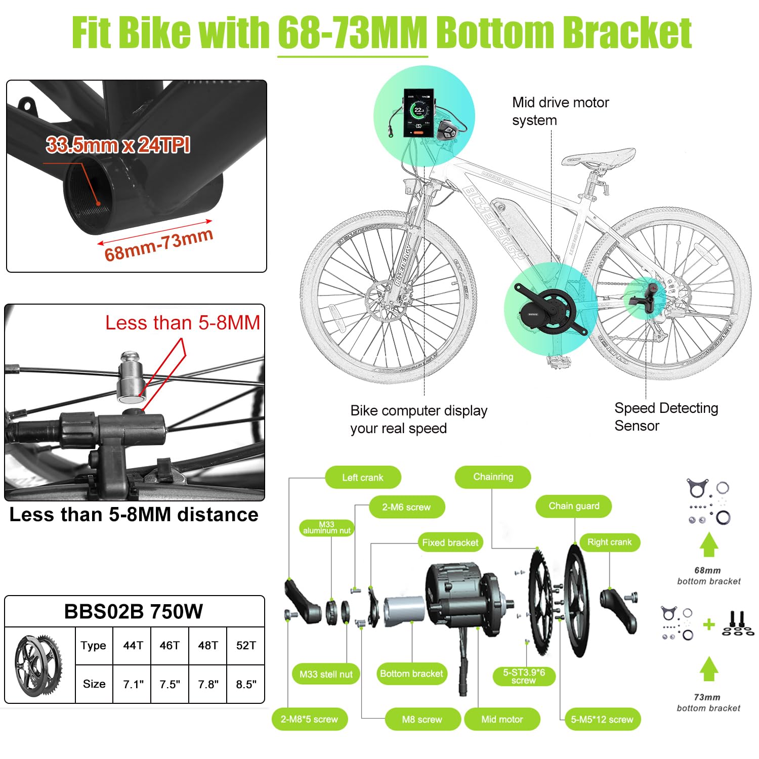 BAFANG BBS02B 48V 750W Mid Drive Kit with Battery Optional 8fun eBike Conversion Kit with LCD Display (C18 Display, Motor kit+42T Chainring+Shark Battery 52V 14Ah)