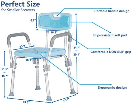BlessReach Easily Assembled Portable Shower Chair Seat, Adjustable Shower Bench, Shower Lift Chair with Arms. (Blue)…