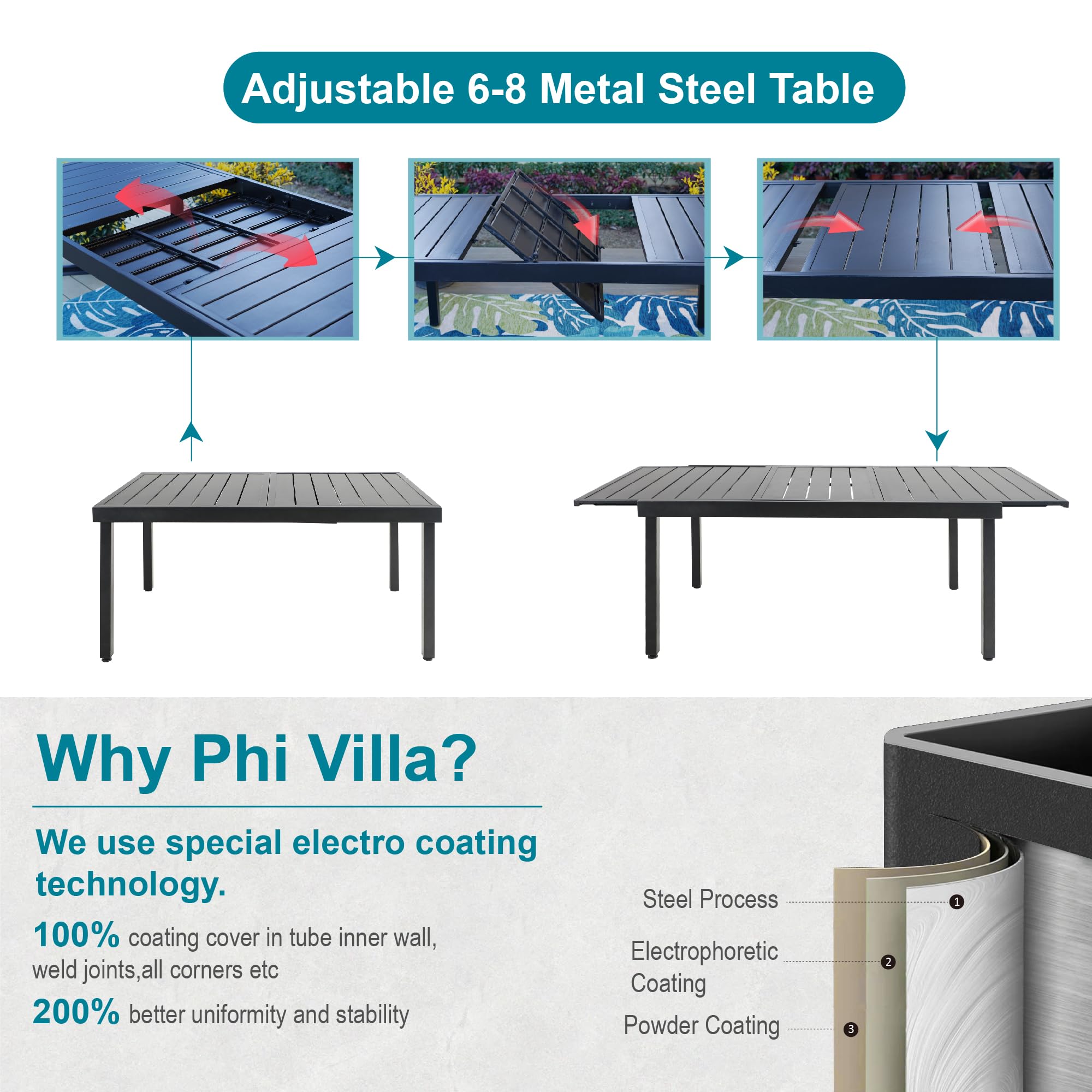 PHI VILLA 9 Piece Outdoor Patio Dining Set, Adjustable Folding Patio Sling Chairs (Blue) with Extendable Metal Steel Dining Table for Outdoor, Garden, Lawn