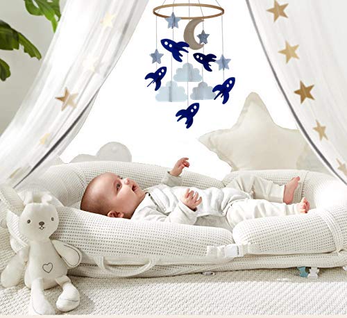 Baby Crib Mobile by Baby Sanda - Spaceships, Stars, Clouds and Moon - Navy Blue, Gray, White and Tan