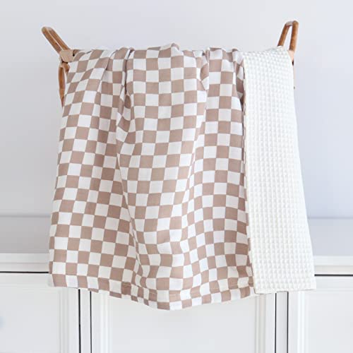 LifeTree Waffle Baby Blankets Neutral, Muslin Checkered Swaddle Blankets for Boys Girls, 2 Layers Crib Stroller Blanket Receiving Blankets with Muslin Front and Waffle Backing Infant Newborn