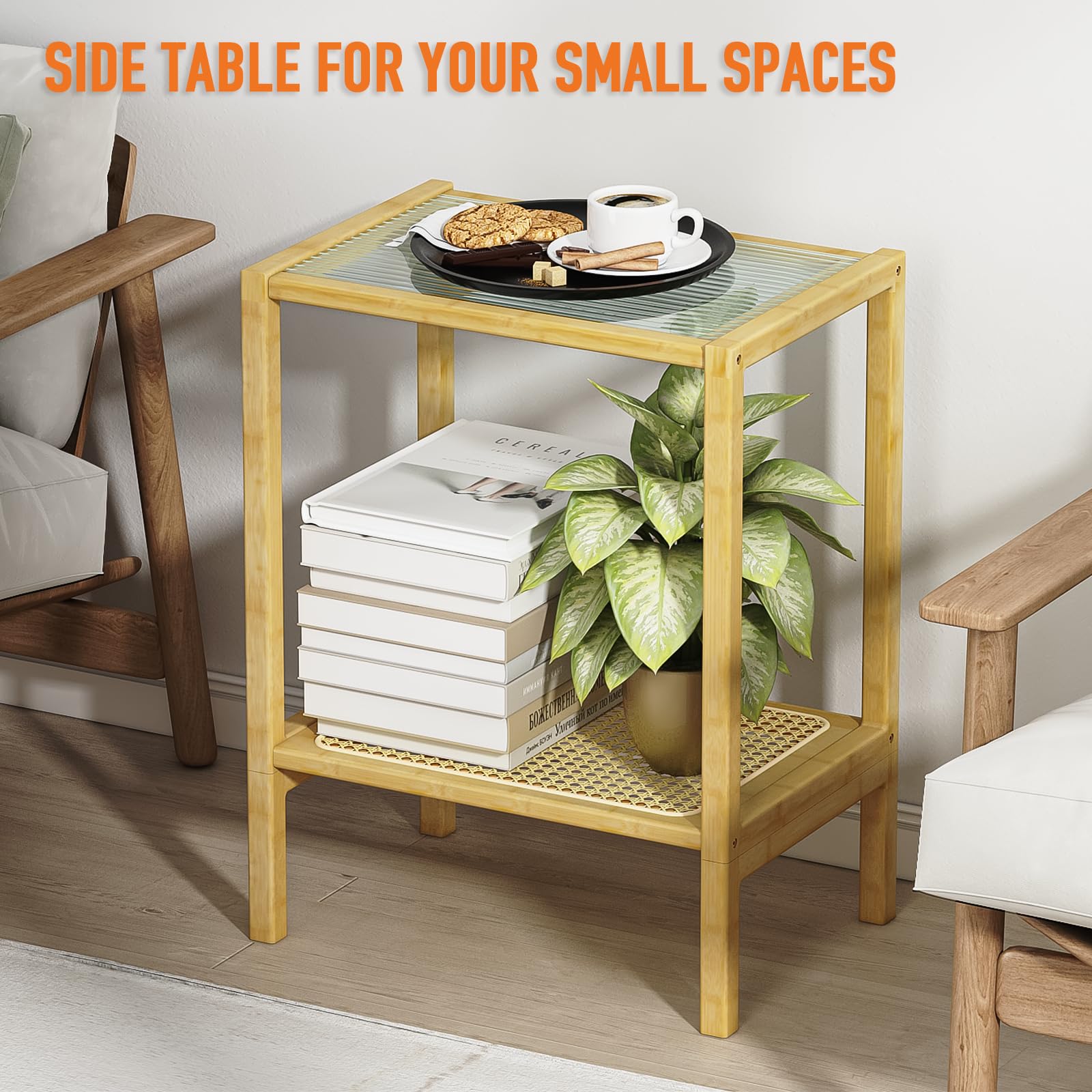 Bamworld Side Table Nature Rattan Night Stand Glass End Table 2-Tier with Storage Boho Bedside Table for Small Spaces Bamboo Coffee Table for Bedroom Living Room