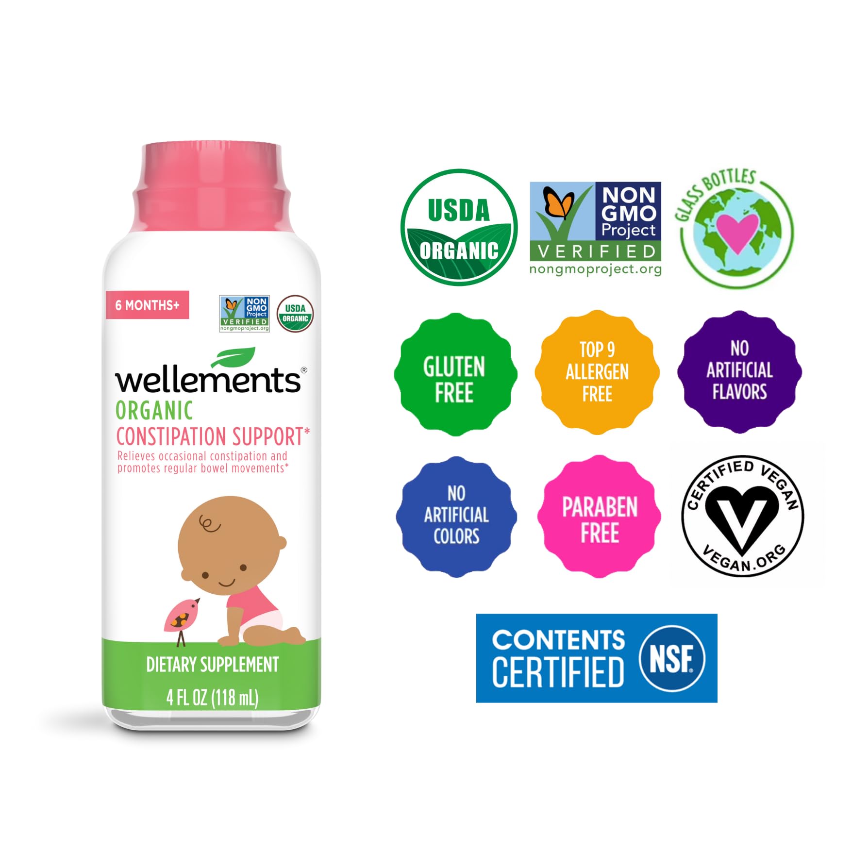 wellements Organic Baby Constipation Support Relieves Occasional Constipation for Infants & Toddlers, No Harsh Laxatives, USDA Certified Organic, 4 Fl Oz (Pack of 2), 6 Months +