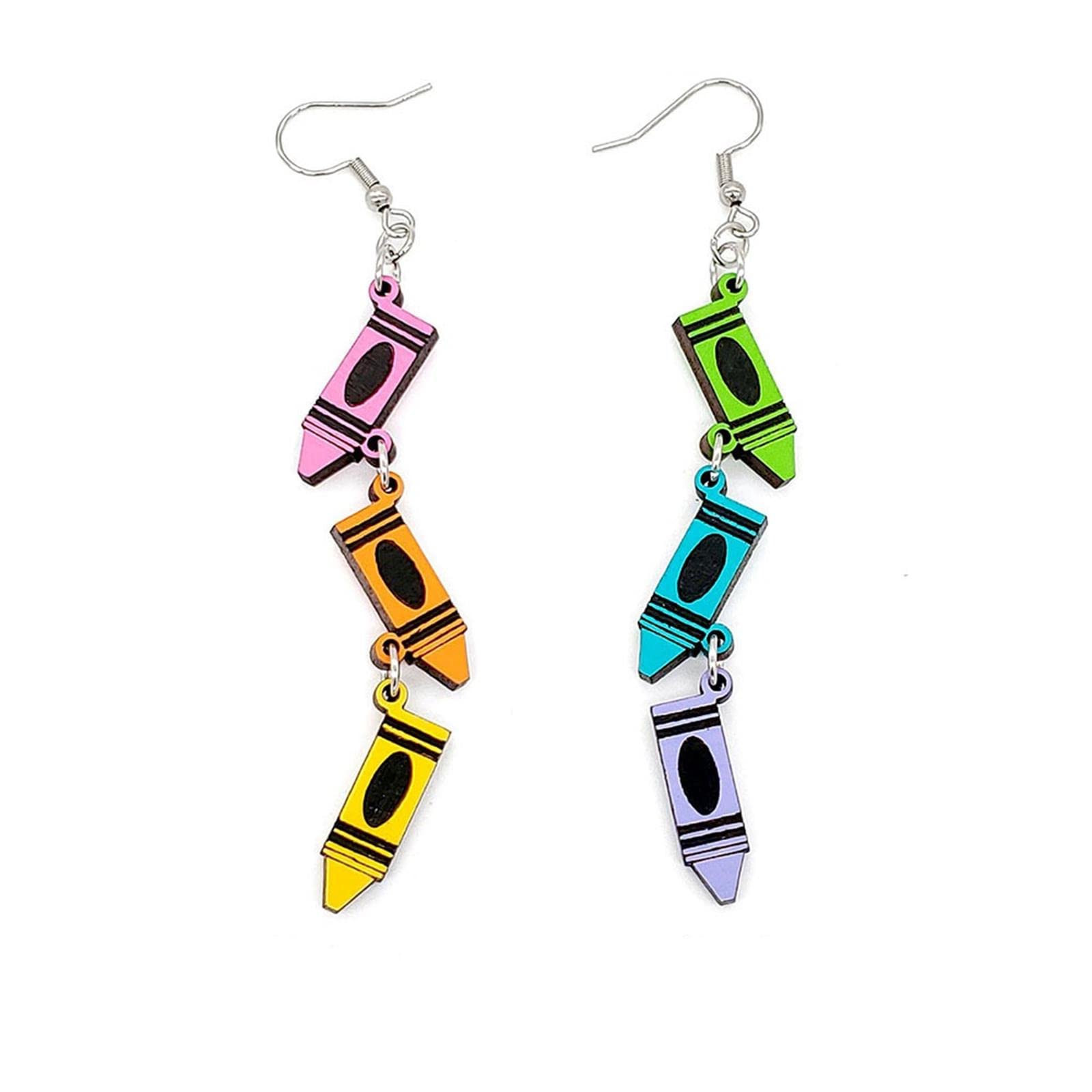 Back To School Teacher's Day Drop Earrings Lightweight Wooden Books Crayons Earrings Teacher Rainbow Sunshine Dangle Earrings Jewelry Gifts-crayon