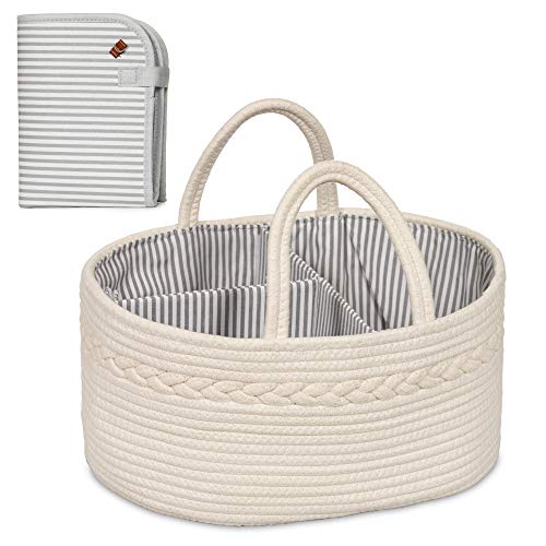 Baby Diaper Caddy Organizer 100% Cotton Canvas Stylish Rope Nursery Storage Bin Large Portable Tote Bag & Car Organizer with Removable Inserts Top Baby Gift Basket and Bonus Diaper Changing Pad