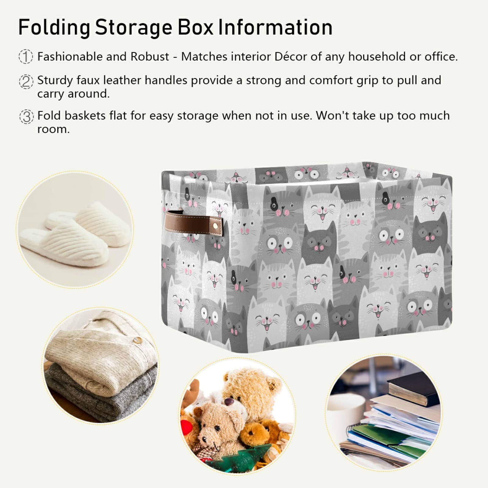 DXTKWL Animal Cat Kitten Pattern Storage Basket Bin with Handles, Large Rectangular Storage Cube Collapsible Storage Box Organizer Decor for Kids Toys Nursery Shelf Closet Bathroom Basket 1 Pack