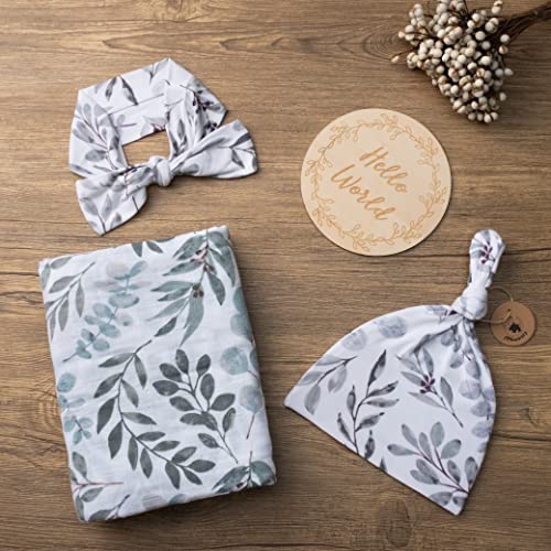 Miaoberry 100% Organic Eucalyptus Muslin Swaddle Set with Hat and Bow