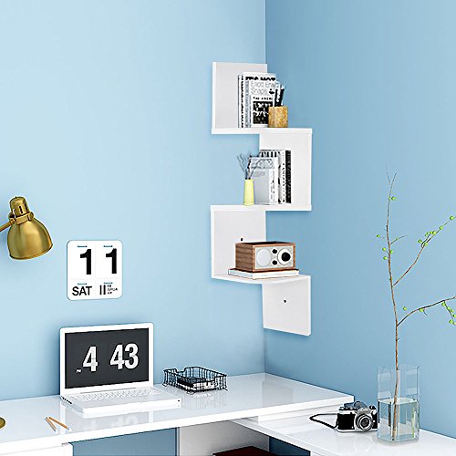 Yescom 3 Tiers Zig Zag Floating Wall Mount Corner Shelf Wooden Display Shelves Storage Organizer with Gradienter White