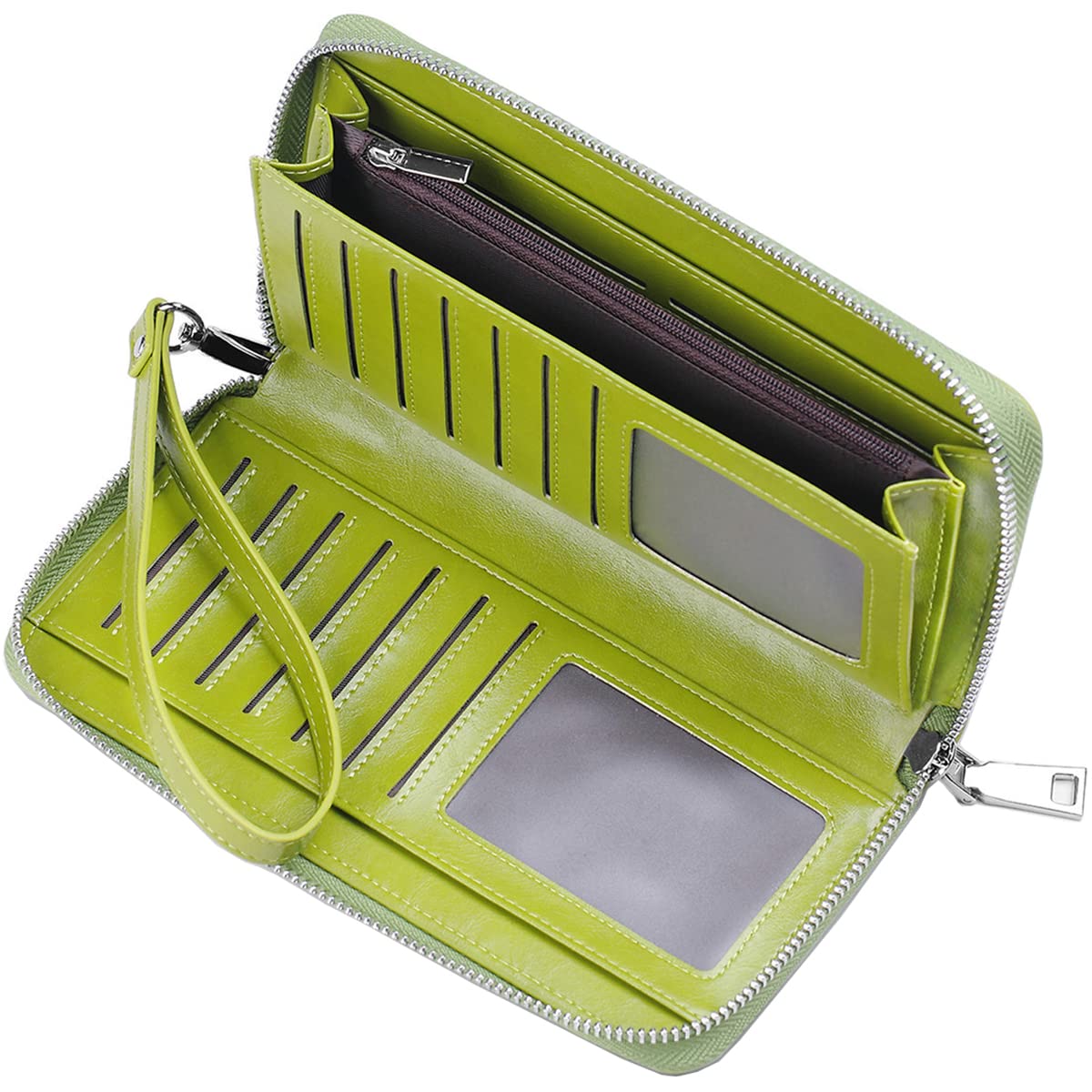 JEEBURYEE Women's RFID Blocking Large Capacity Luxury Oil Wax Genuine Leather Zip Around Wristlet Wallet Clutch Multi Card Holder Ladies Purse Green