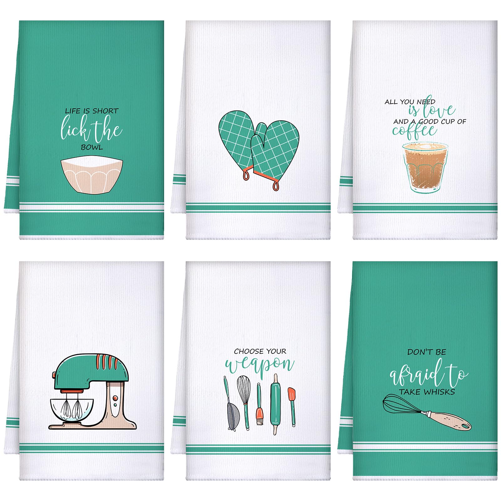 Bencailor 6 Pcs Kitchen Towels Absorbent Dish Towels Decorative Tea Towels Fast Drying Dish Cloths Hanging Reusable Cleaning Dishcloths for Cooking Baking Housewarming (Teal,Baking)