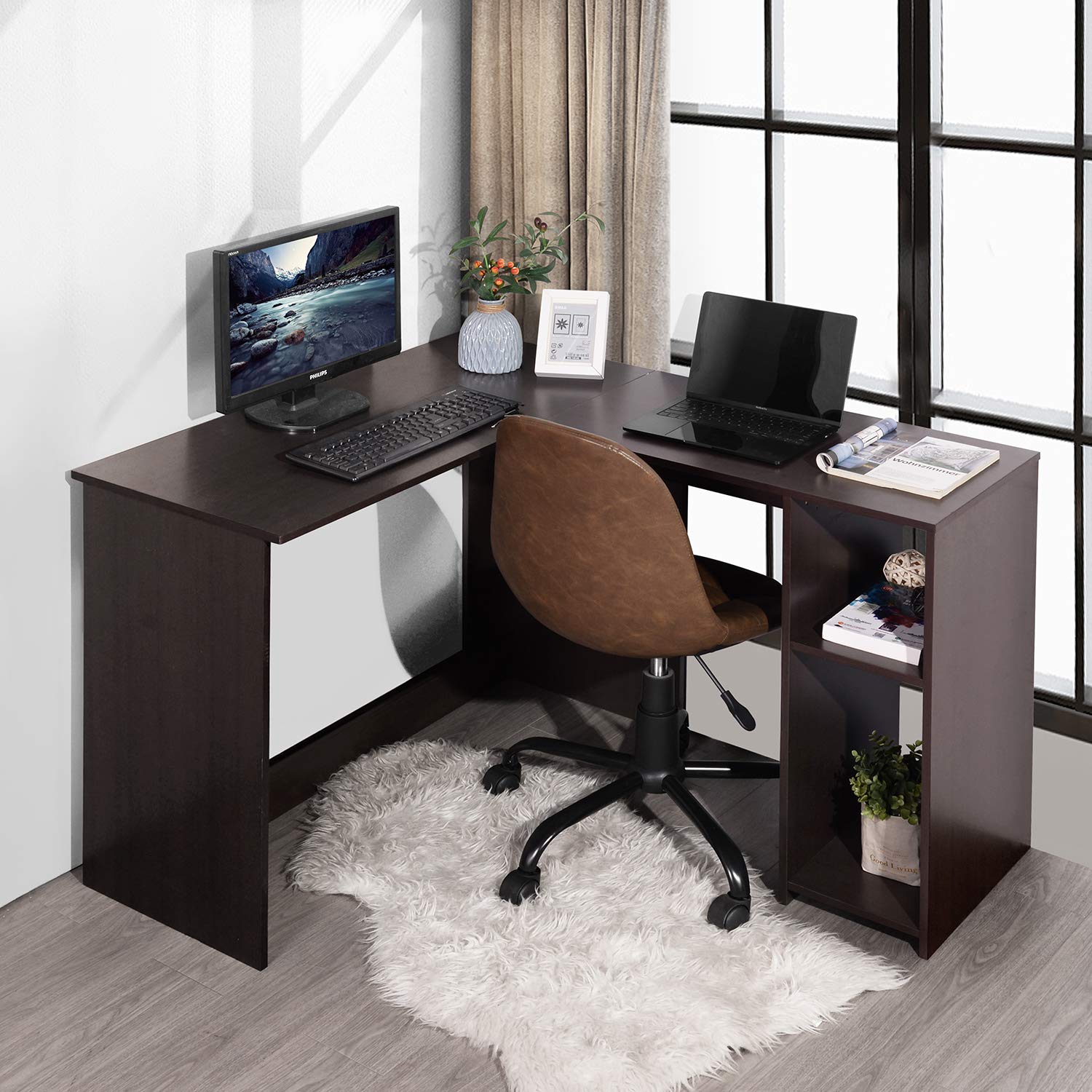 Aoyom 39.4" W x 47.2" D Corner Computer Desk L-Shaped Home Office Workstation Writing Study Table with 2 Storage Shelves and Hutches