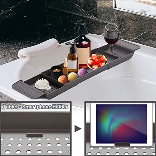 Expandable Caddy Bath Tray for Tub, Multifunctional Drain Bathtub Shelf with Non-Slip Extending Grip for Tub Against Wall, Kitchen Dish Drying, Tub Organizer with Foldable Storage Baskets