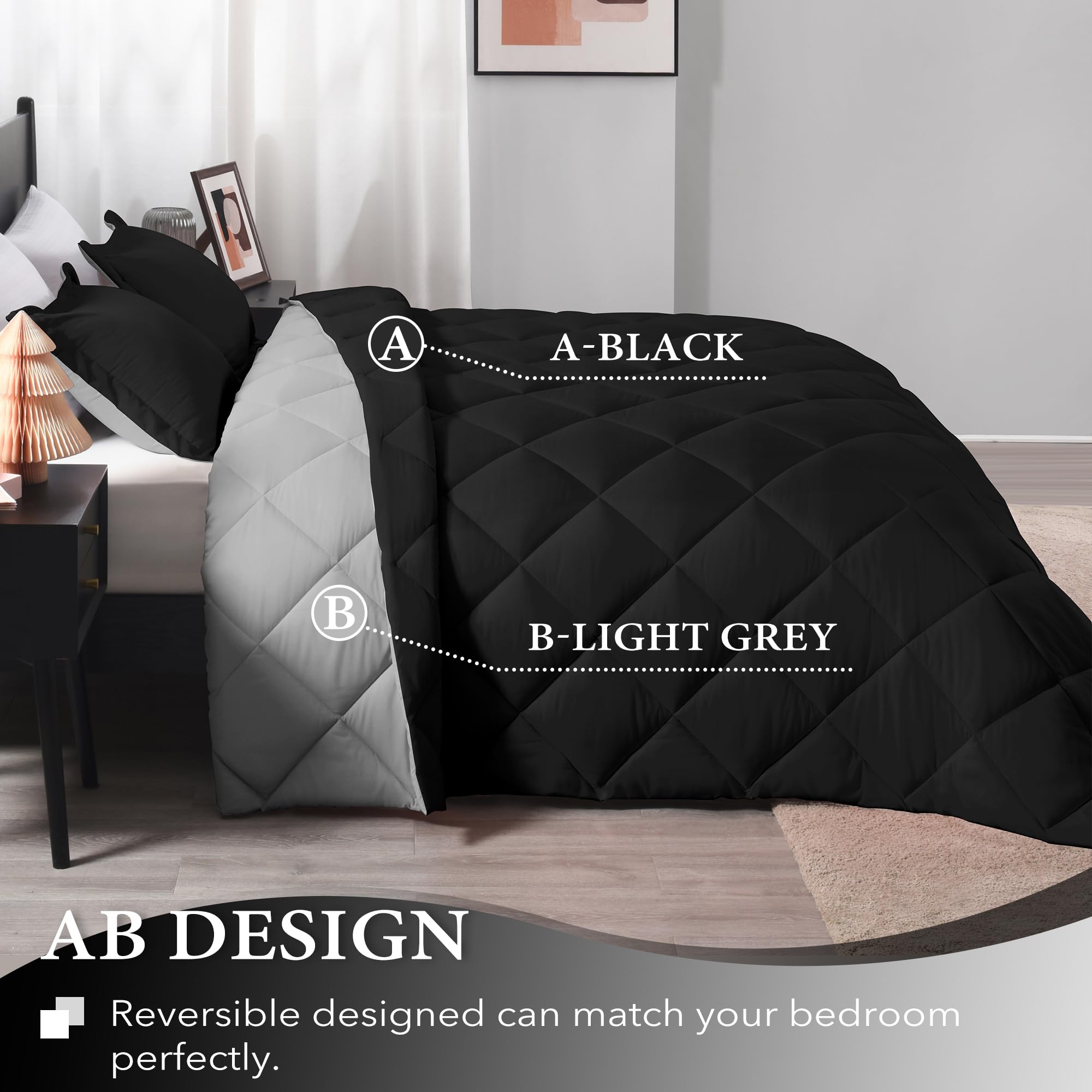 downluxe Queen Comforter Set - Black and Grey Comforter Set Queen, Soft Bedding Sets for All Seasons -3 Pieces - 1 Comforter (88"x92") and 2 Pillow Shams(20"x26")