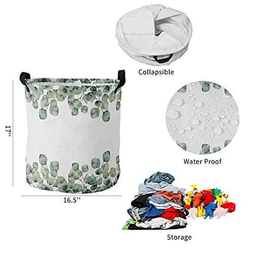 Tropical plants Large Laundry Hamper Collapsible with Handles, Waterproof Dirty Clothes Hamper Baby Nursery for Kids Room Dorm Storage, Watercolor Eucalyptus Leaves