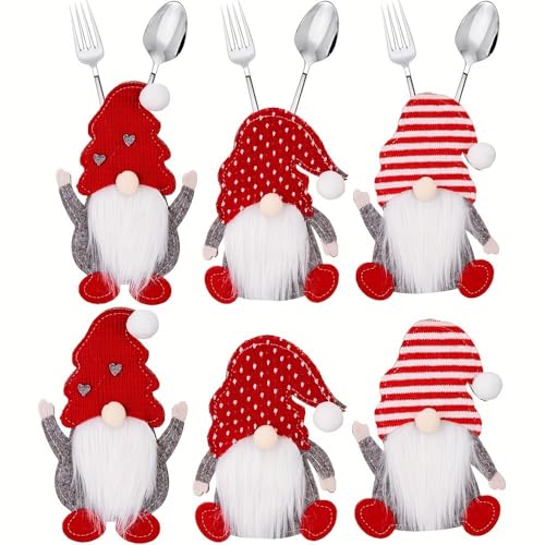Christmas Gnome Cutlery Bags, Set of 6, Holiday Table Decorations, Polyester