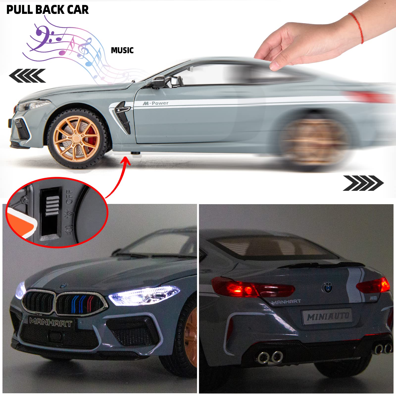 BDTCTK Compatible for 1:24 M8 Model Car, Zinc Alloy Pull Back Toy Car with Sound and Light for Kids Boy Girl Gray