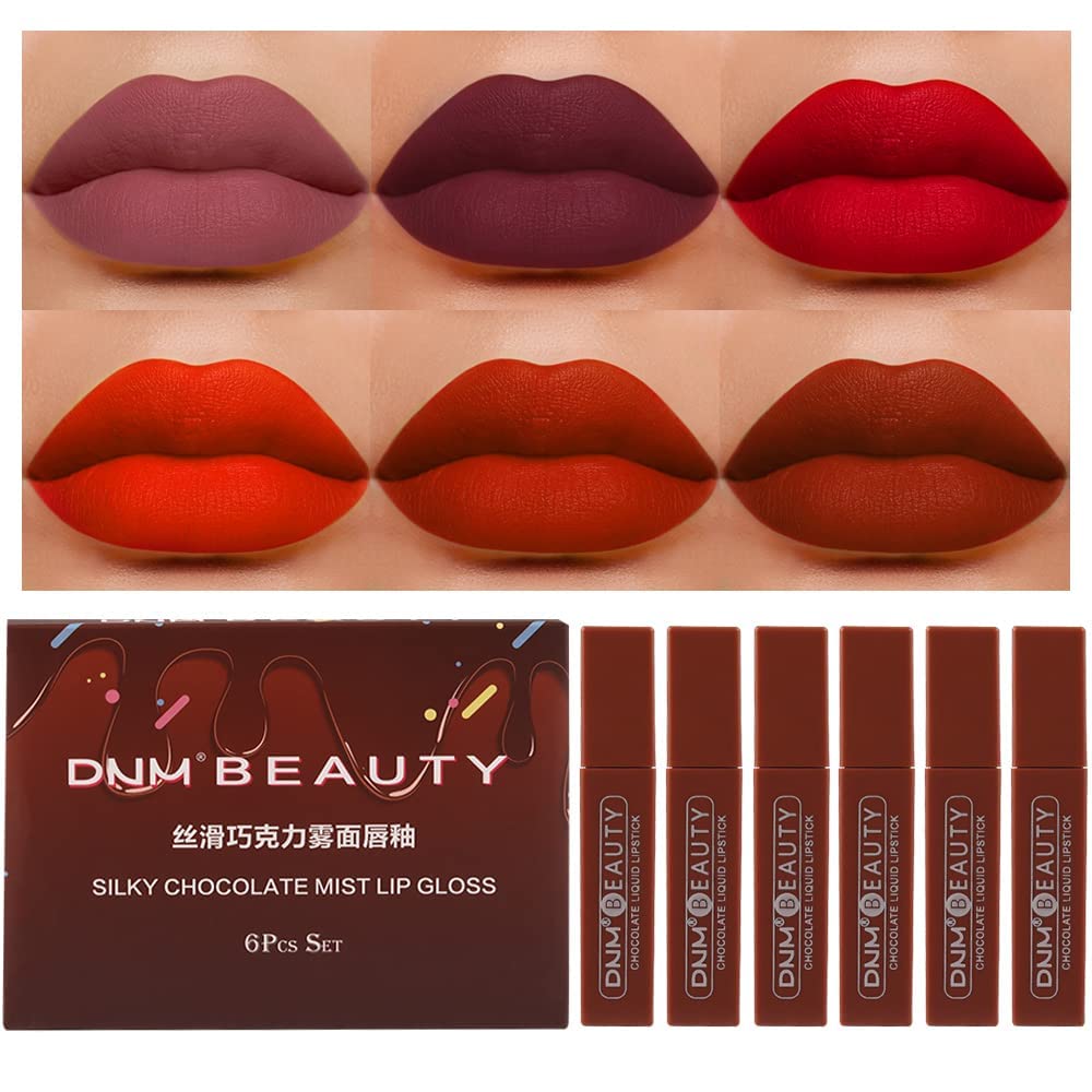 HAOYA 6 Pcs Chocolate Matte Lipstick Lipgloss Lip Gloss Stain Makeup Set, Deep Dark Red 24 Hour Stay on Matte Lipstick Long Lasting labiales matte mate larga duracion 24 horas originales Set02