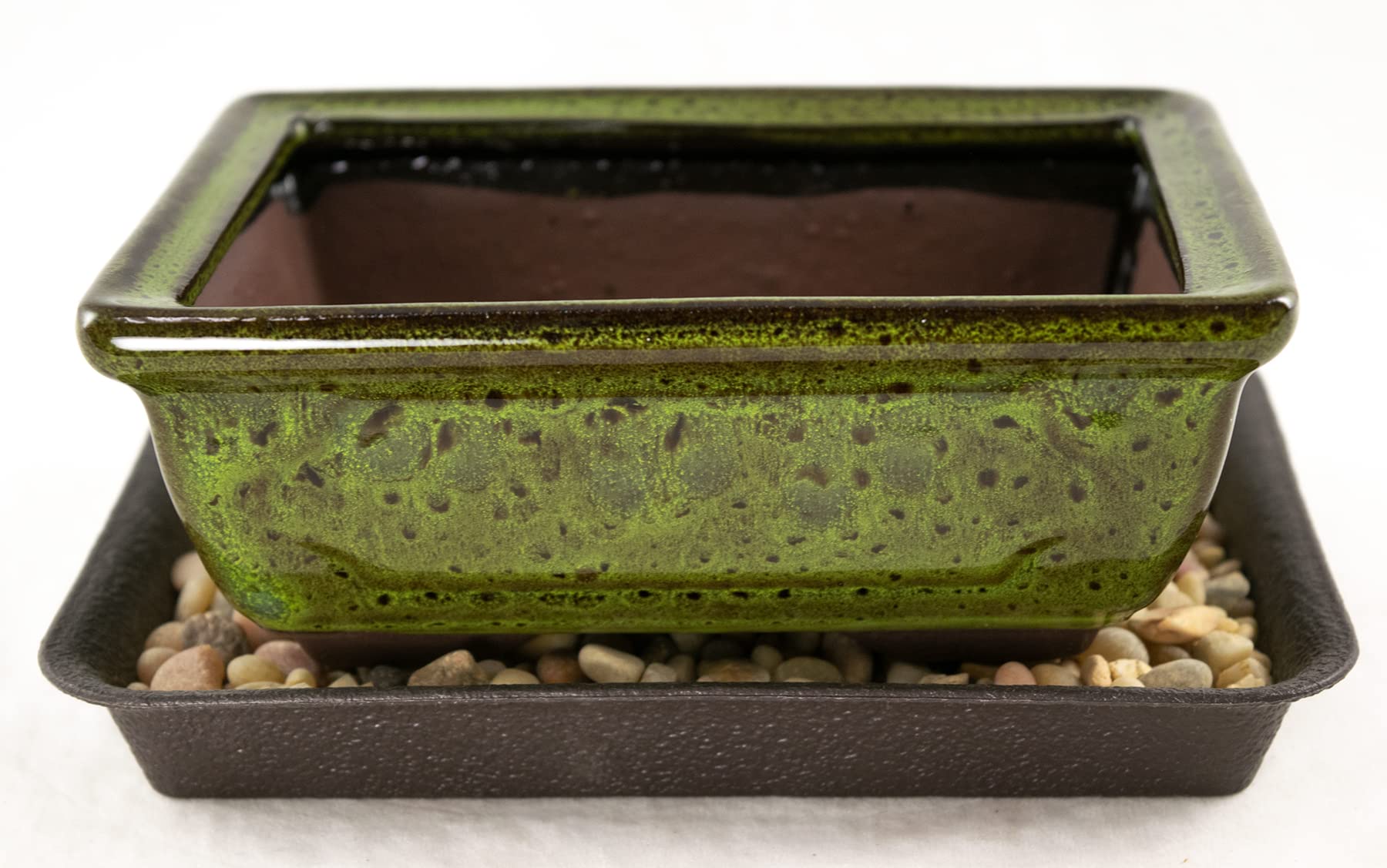 Calibonsai 6inch Rectangular Moss Green Shohin Bonsai/Succulent Pot + Tray + Rock + Mesh Combo, Blue,green